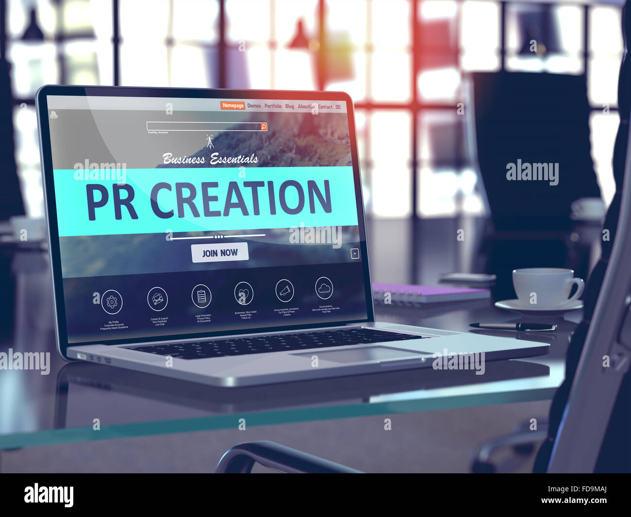 Modern Workplace with Laptop showing Landing Page with Pr Creation ...