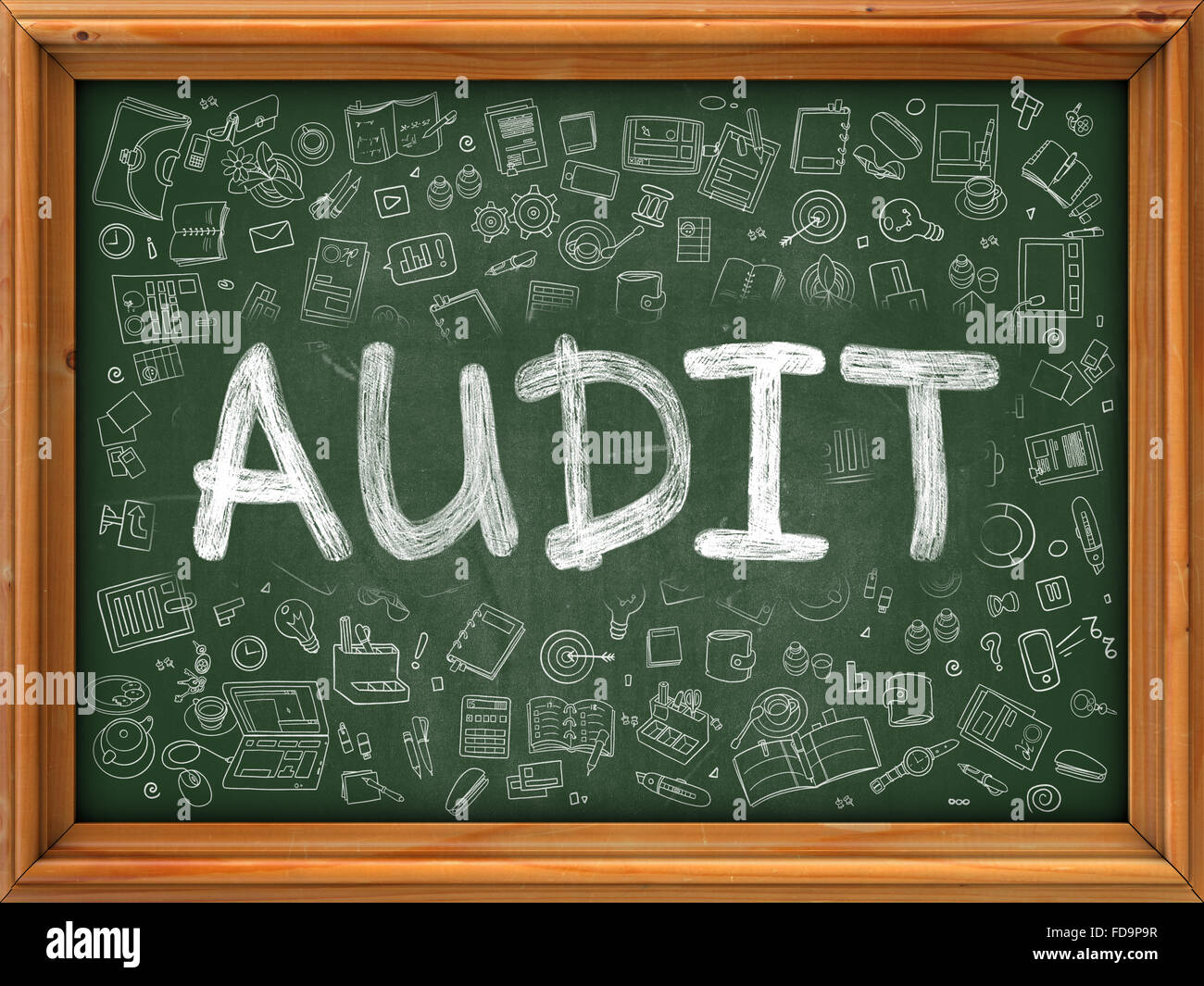 Green Chalkboard with Hand Drawn Audit with Doodle Icons Around. Line ...