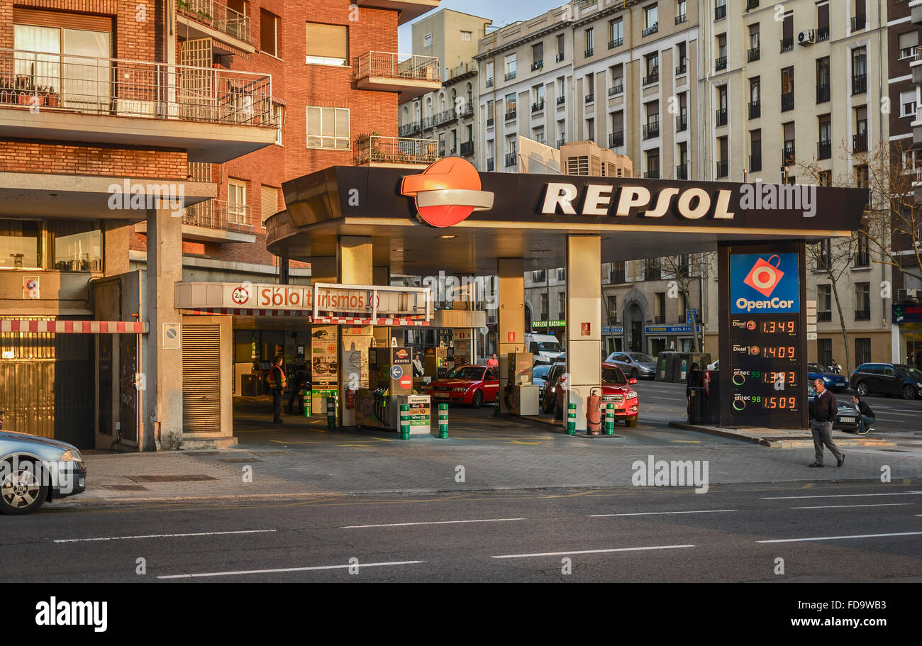 View of a petrol station in a central street of Madrid city, Spain ...