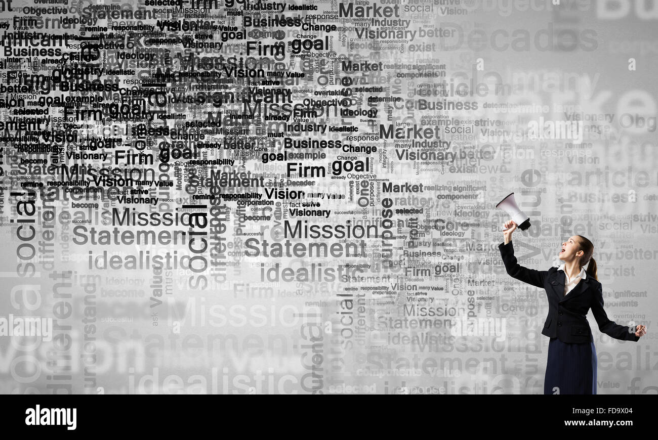 Young businesswoman screaming in megaphone and words flying out Stock ...