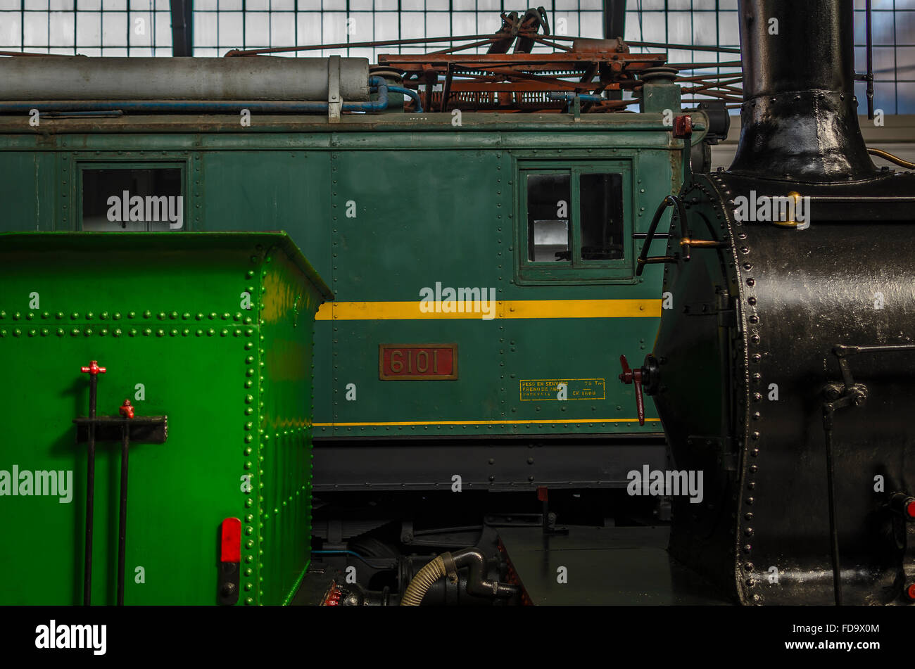 A yellow line in a wagon train in the train museum of Madrid city ...