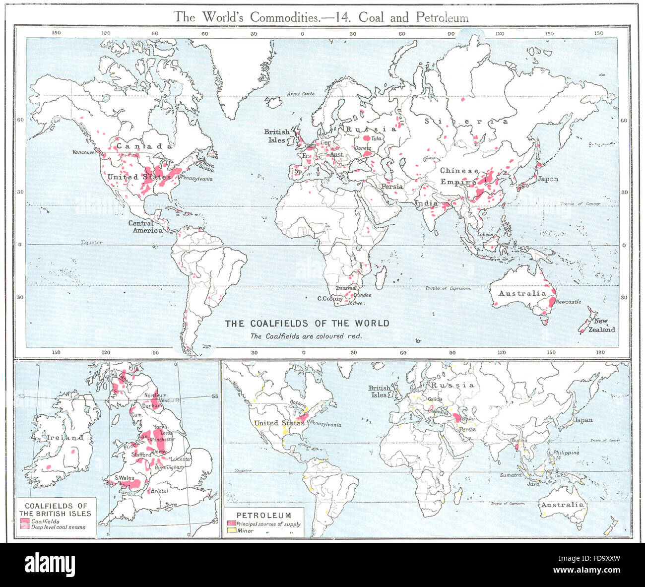 WORLD: Commodities - Coalfields & petroleum sources. British Isles ...