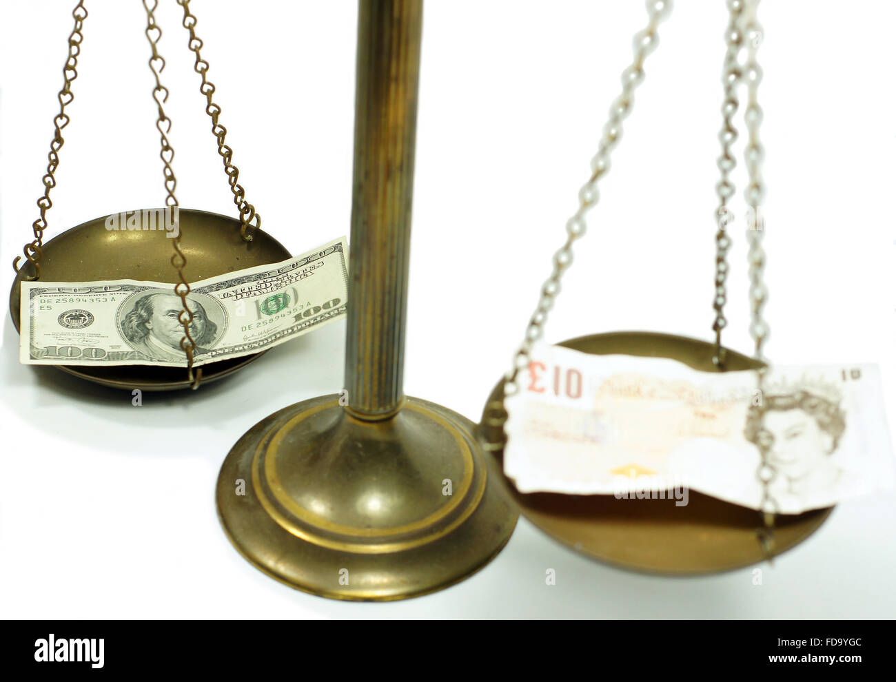 Dollar and Pound notes on scale Stock Photo - Alamy