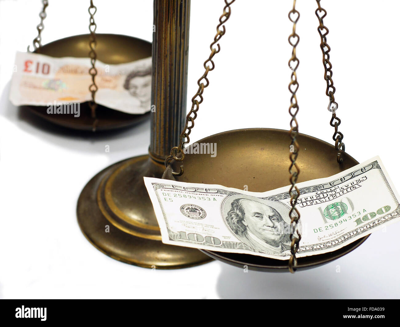 Dollar and Pound notes on scale Stock Photo - Alamy