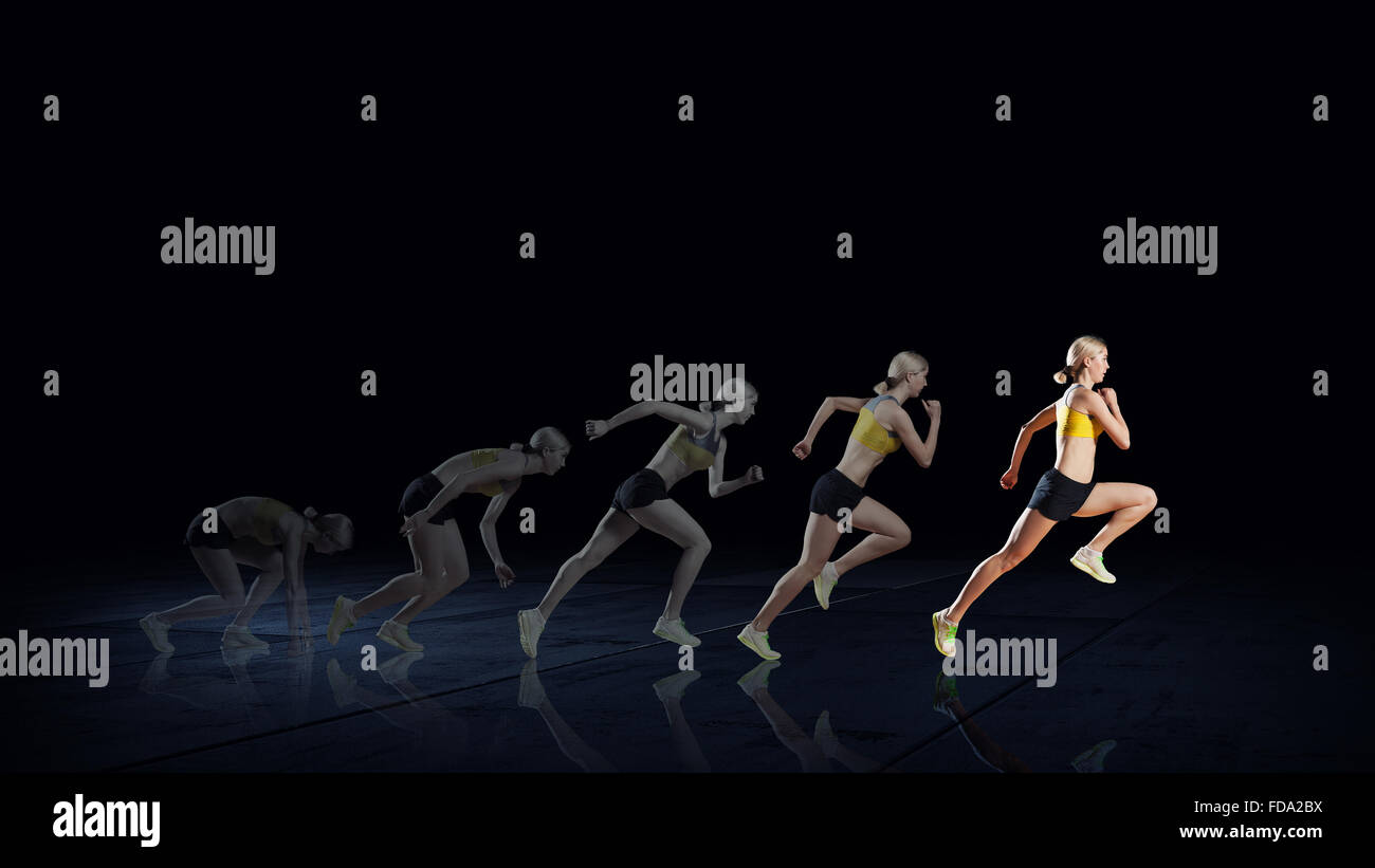 Young woman athlete running fast on dark background Stock Photo - Alamy