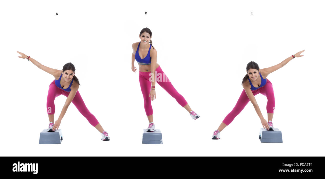 Step by step instructions: put the right foot over the step while ...