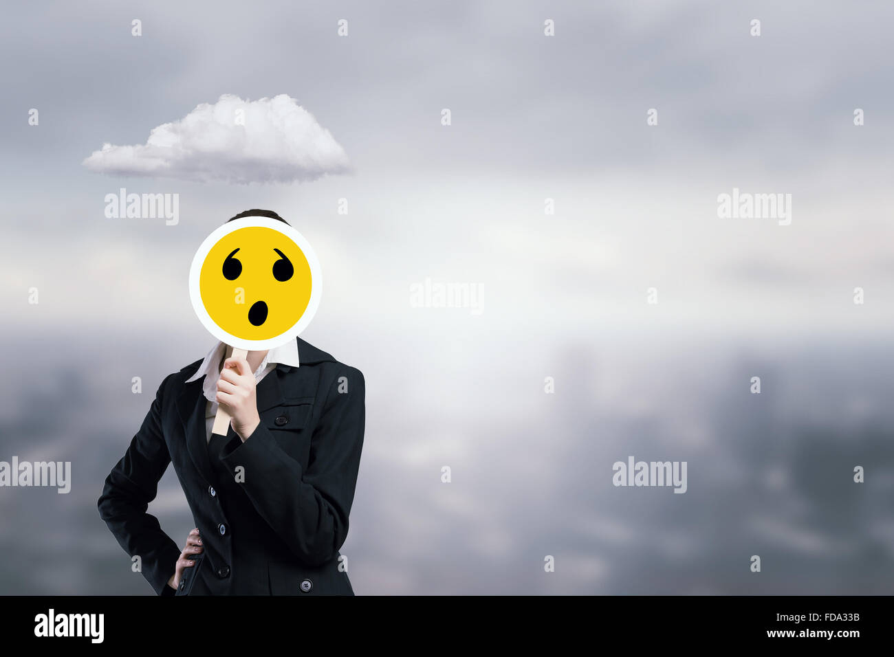Unrecognizable businesswoman hiding her face behind sad mask Stock ...