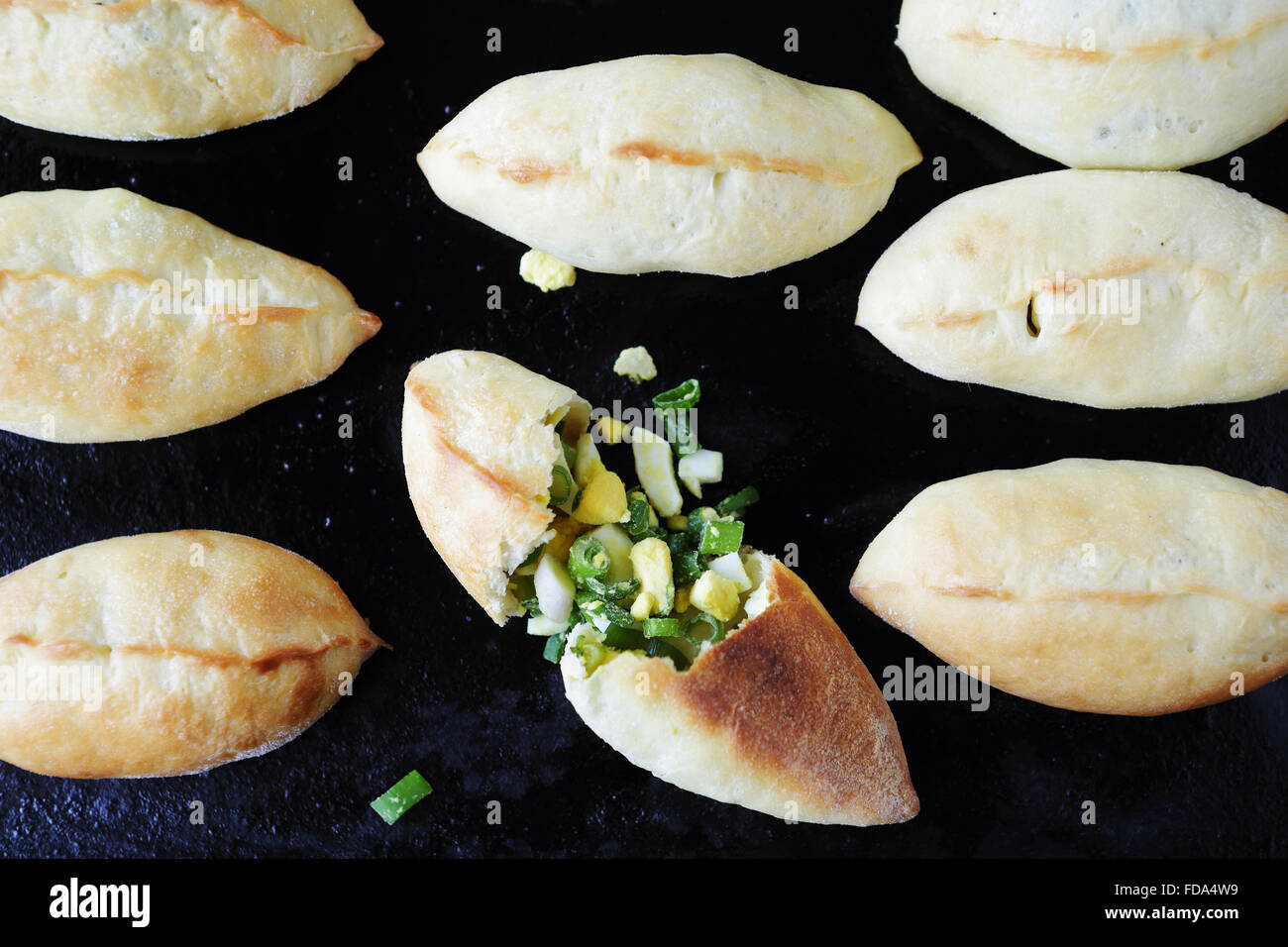 pie with eggs and green onions, food top view Stock Photo - Alamy