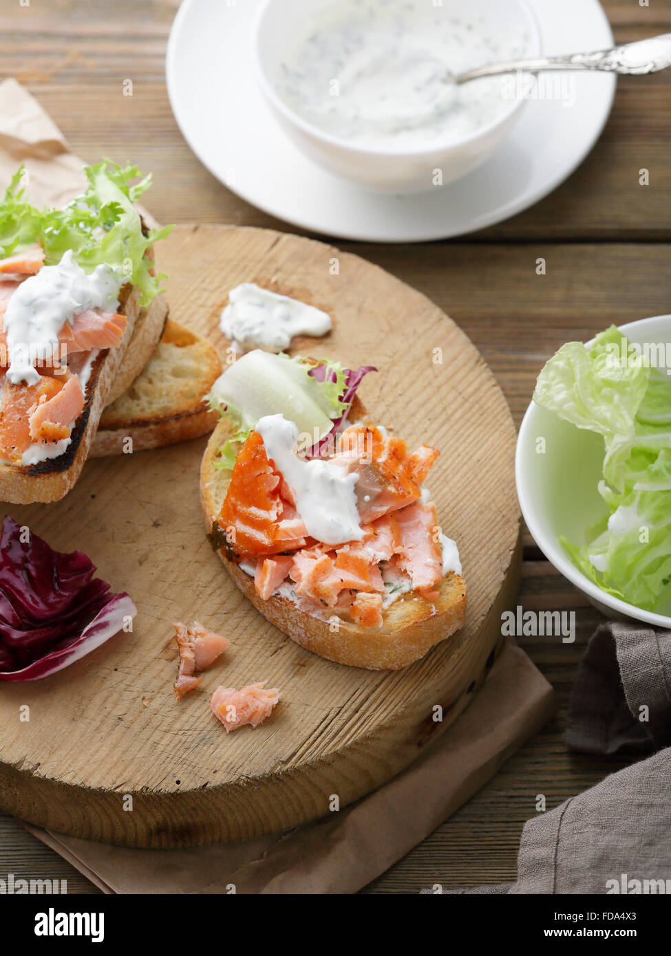 toast with fish and sauce, food close-up Stock Photo - Alamy