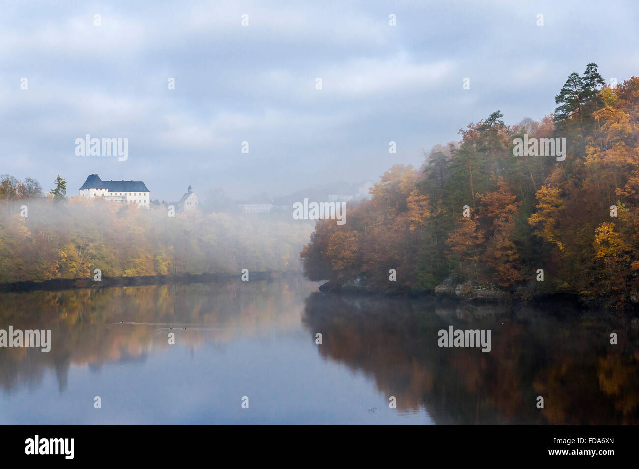 Burgk Castle in morning fog on the Saale river, Thuringia, Germany ...