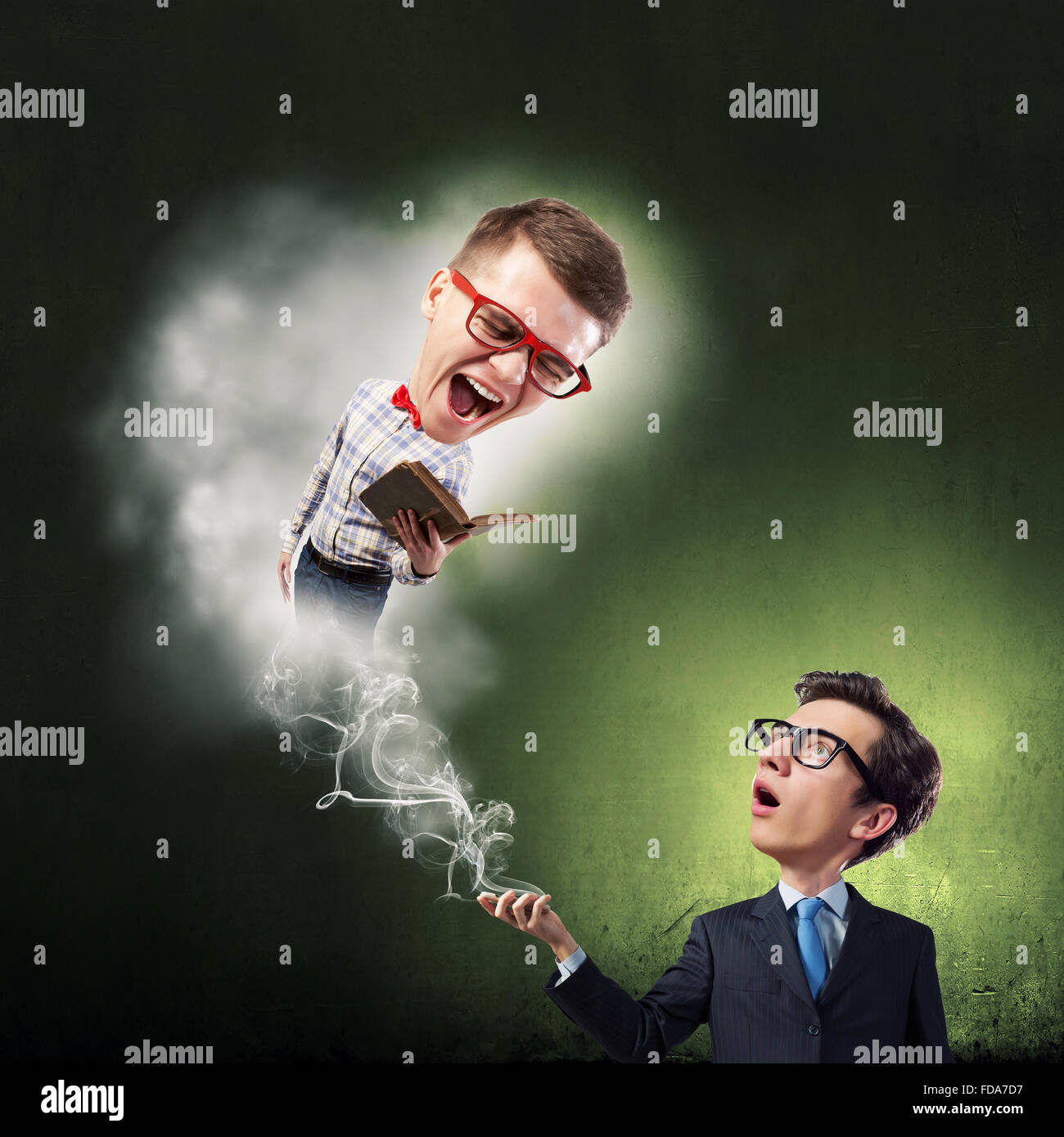 Funny big headed man in glasses with book in hands Stock Photo - Alamy