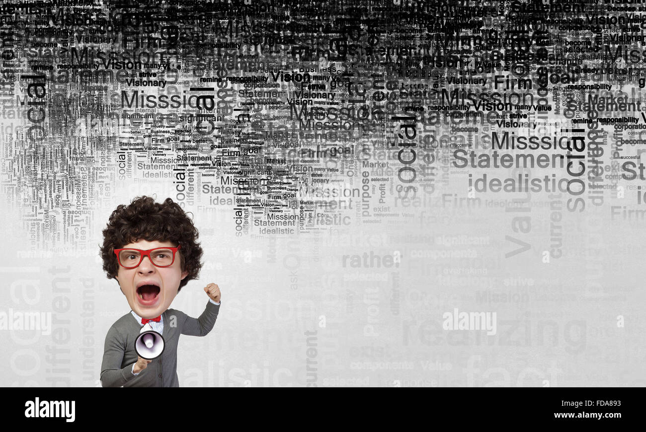 Funny young man with big head screaming emotionally in megaphone Stock ...