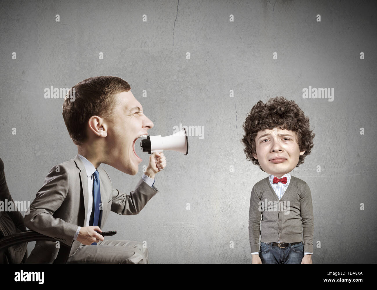 Funny young man with big head screaming emotionally in megaphone Stock ...