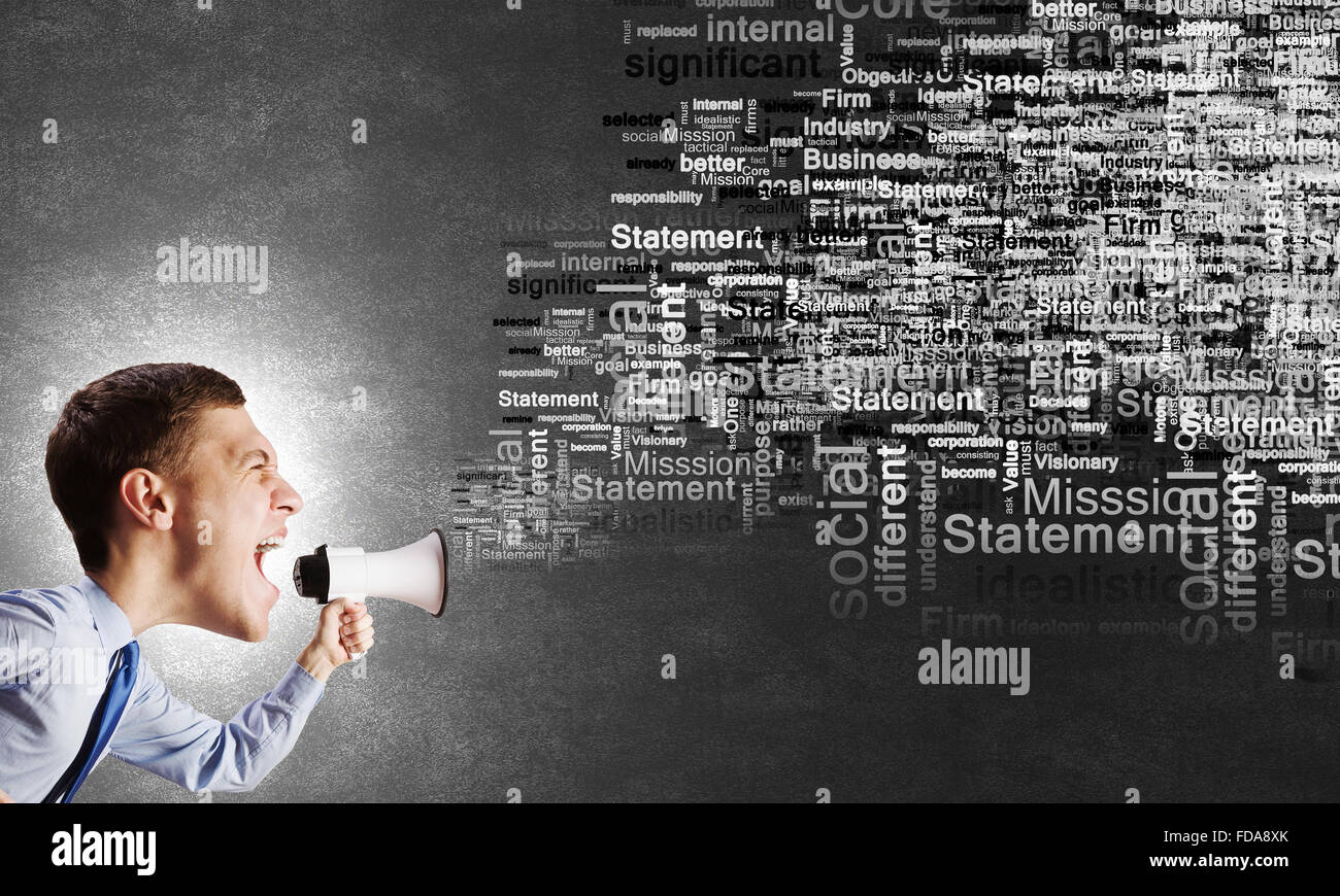 Funny young man with big head screaming emotionally in megaphone Stock ...