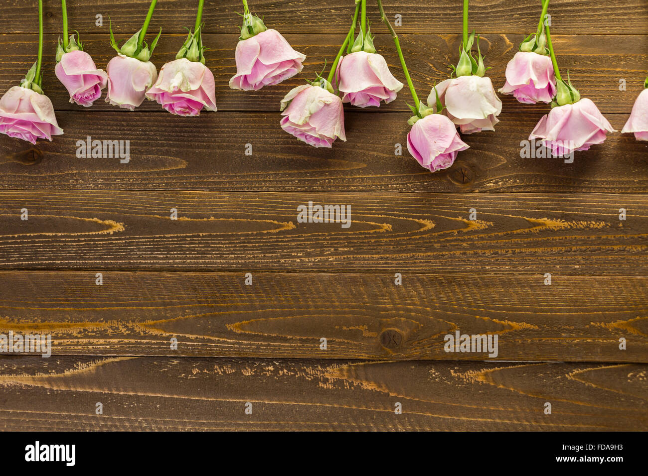 Pink roses on wood table Stock Photo - Alamy