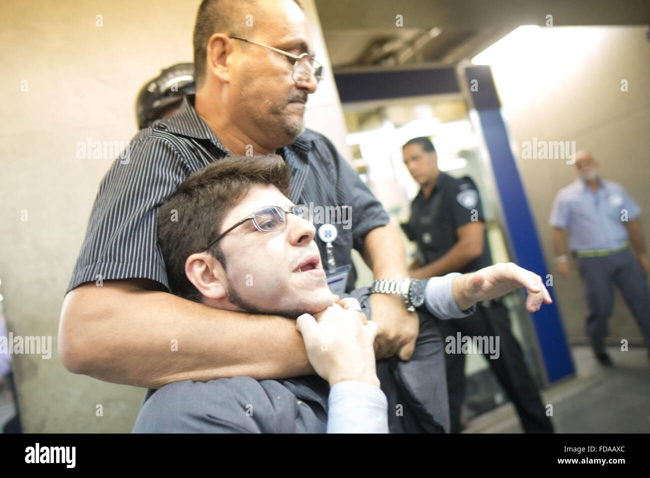 Sao Paulo, Brazil. 28th Jan, 2016. Metro security guards closed the ...