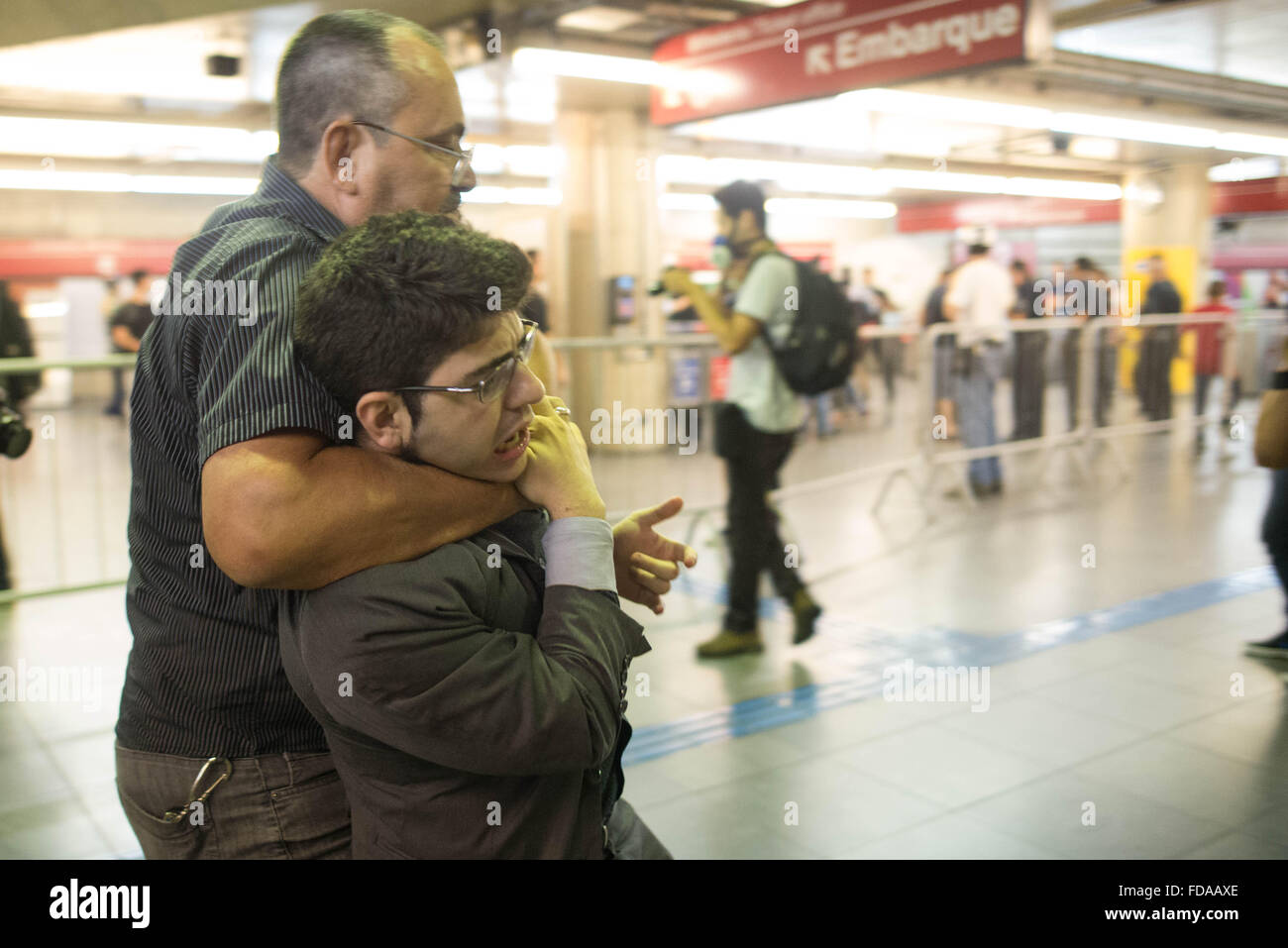 Sao Paulo, Brazil. 28th Jan, 2016. Metro security guards closed the ...