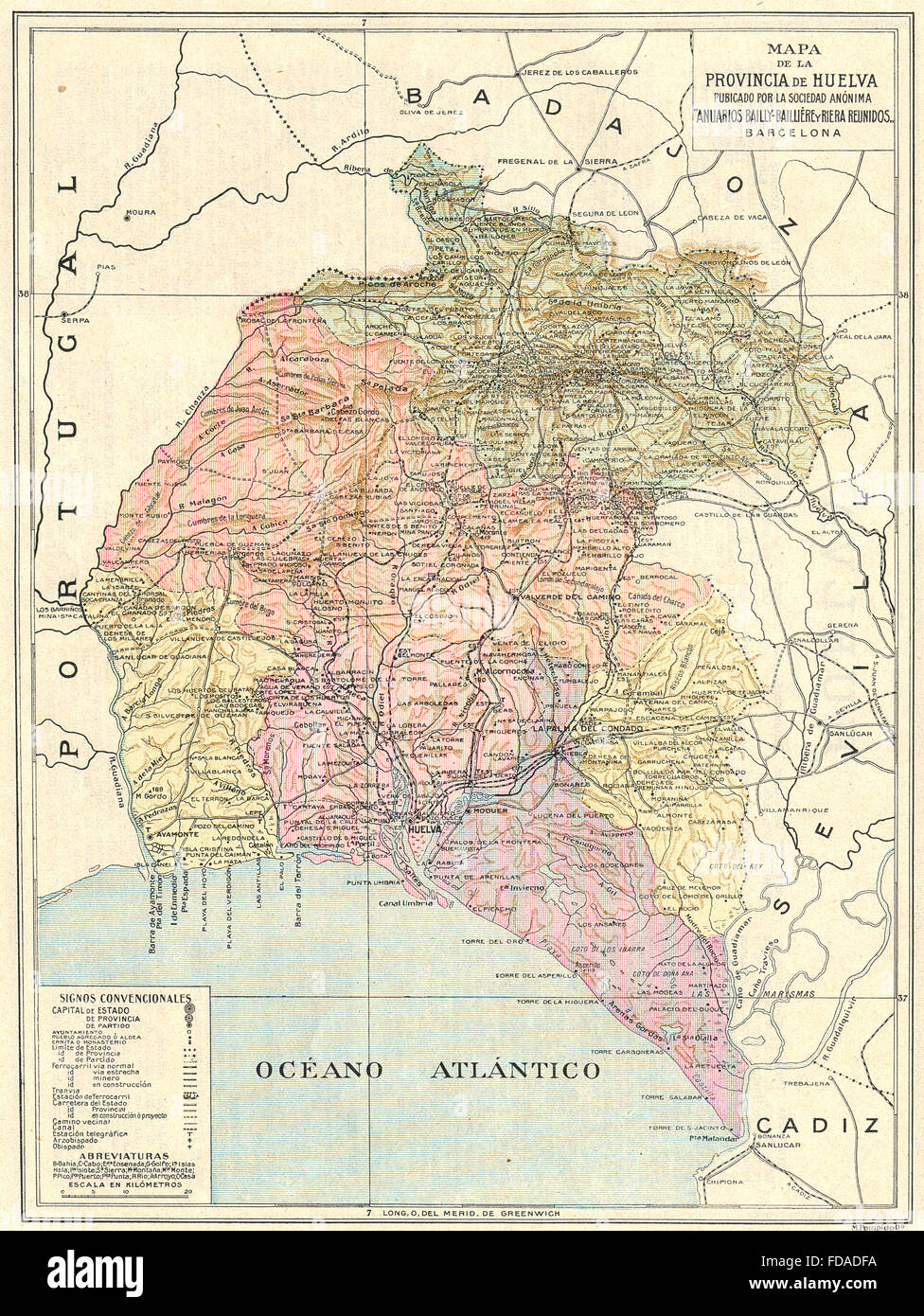 SPAIN: Mapa de la Provincia de Huelva, 1913 Stock Photo - Alamy