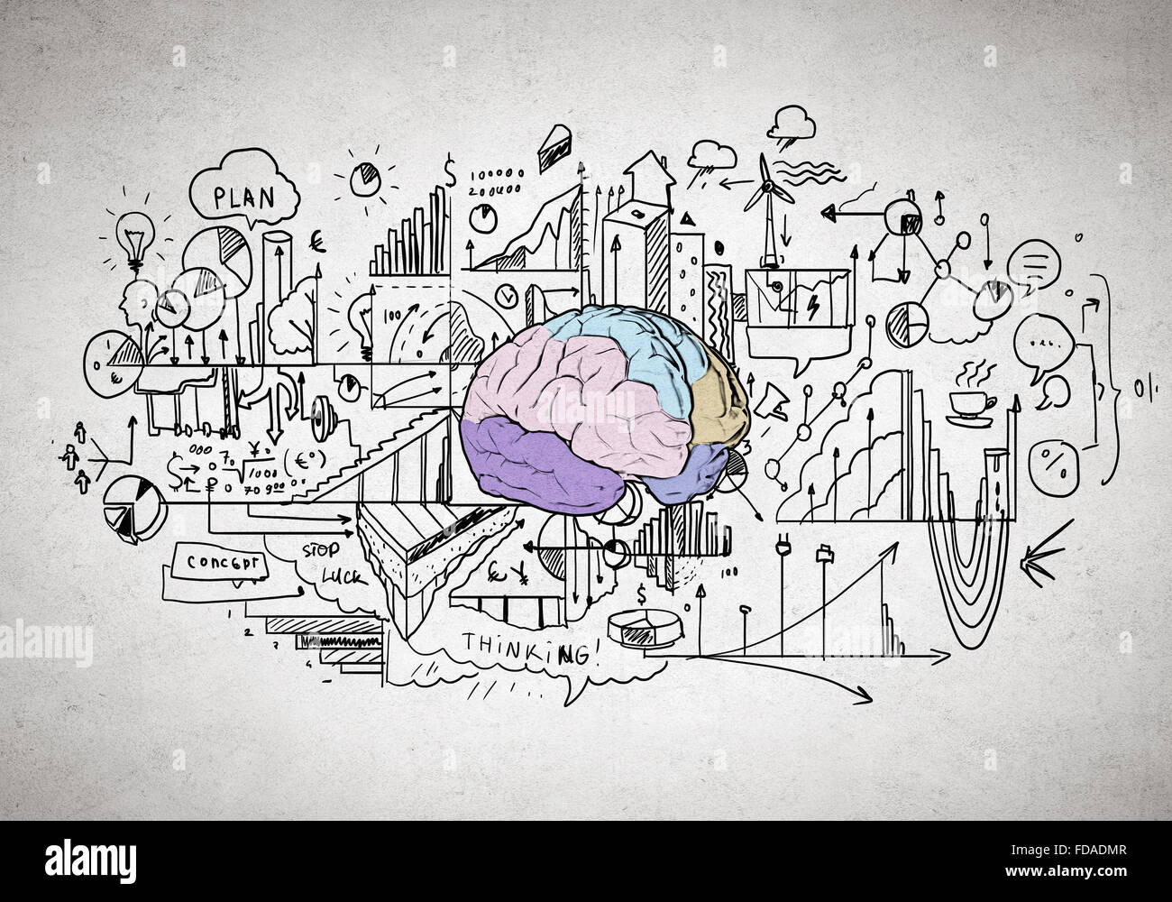 Sketch of human brain and business ideas and strategy on white ...