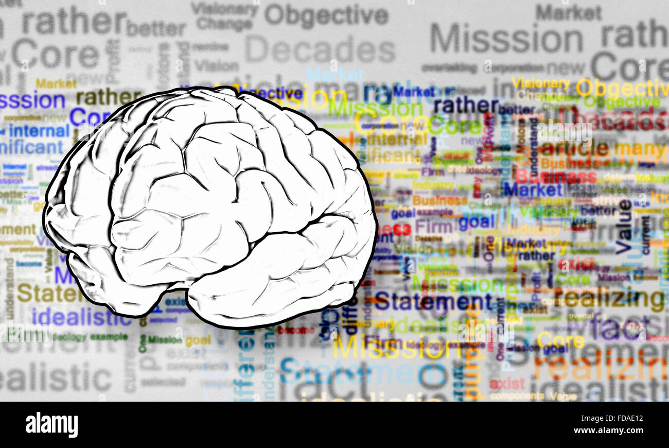 Sketch of human brain and business ideas and strategy on white ...