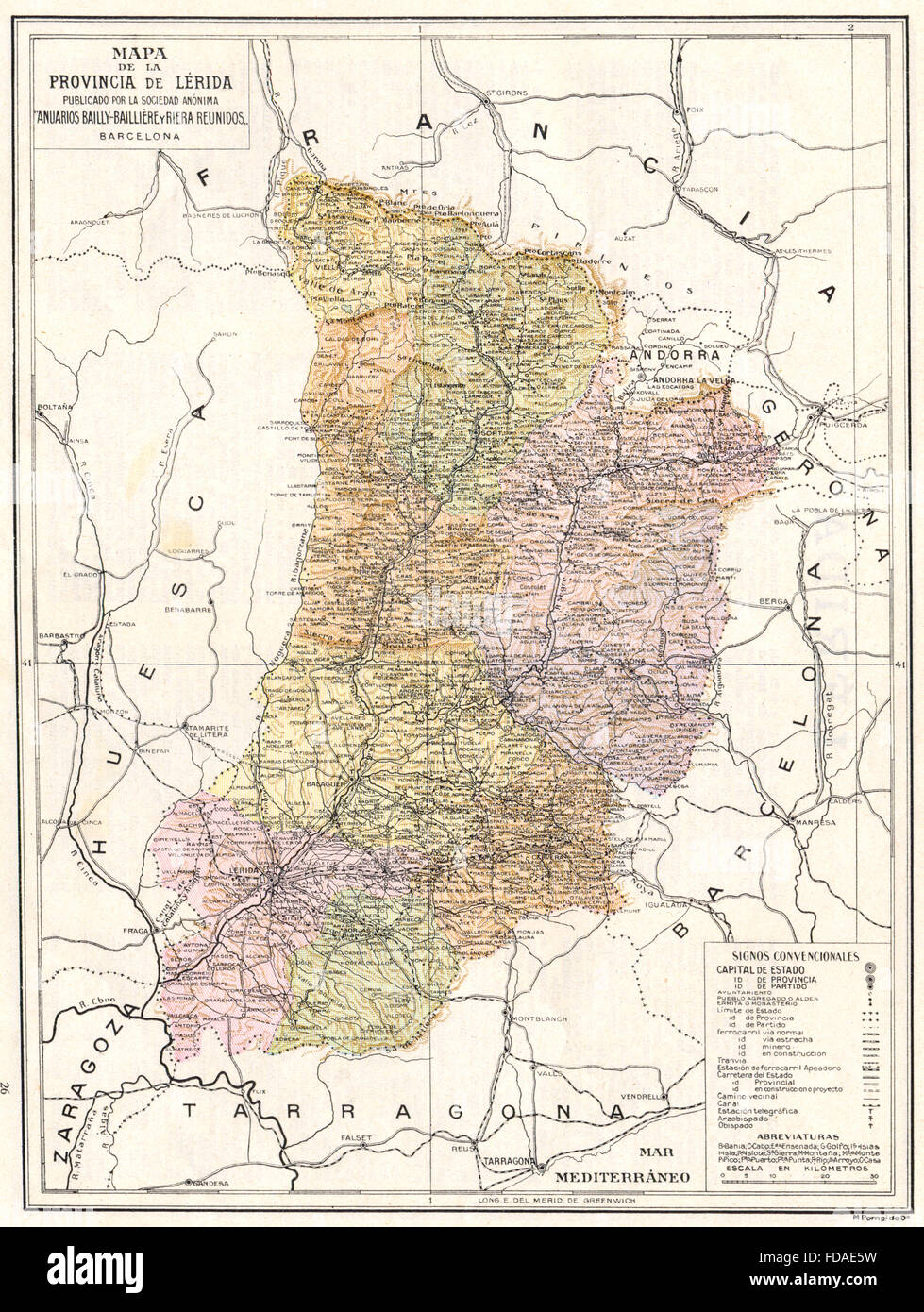 SPAIN: Mapa de la Provincia de Lerida, 1913 Stock Photo - Alamy