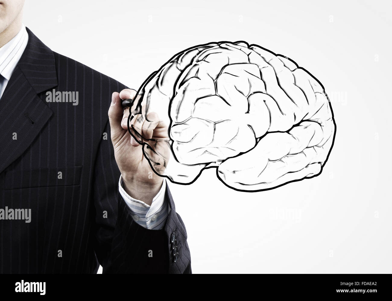 Close up of male hand drawing human brain Stock Photo - Alamy