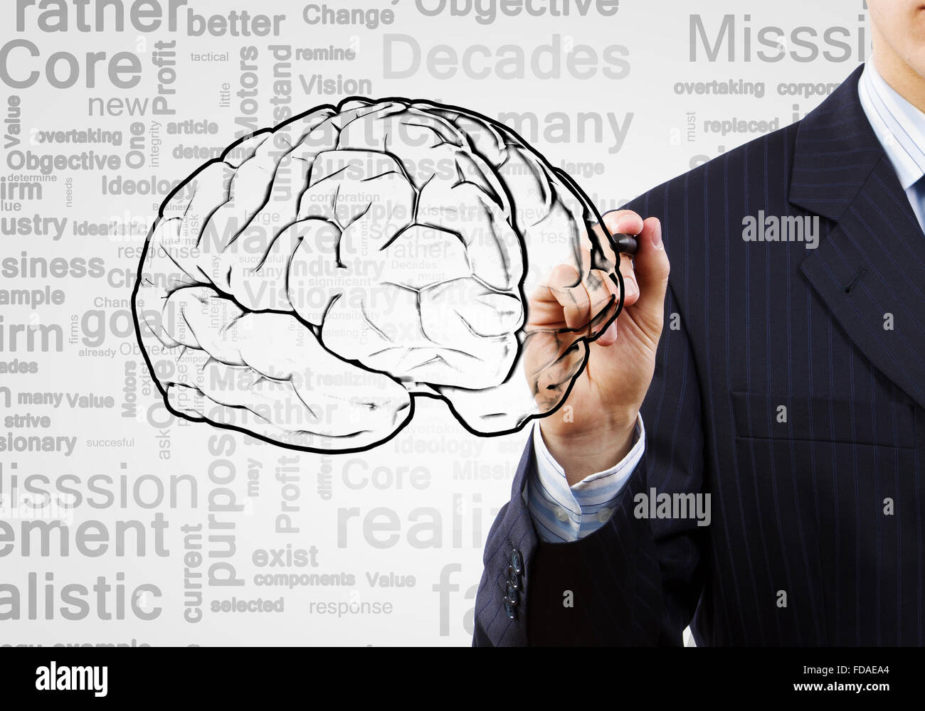 Close up of male hand drawing human brain Stock Photo - Alamy