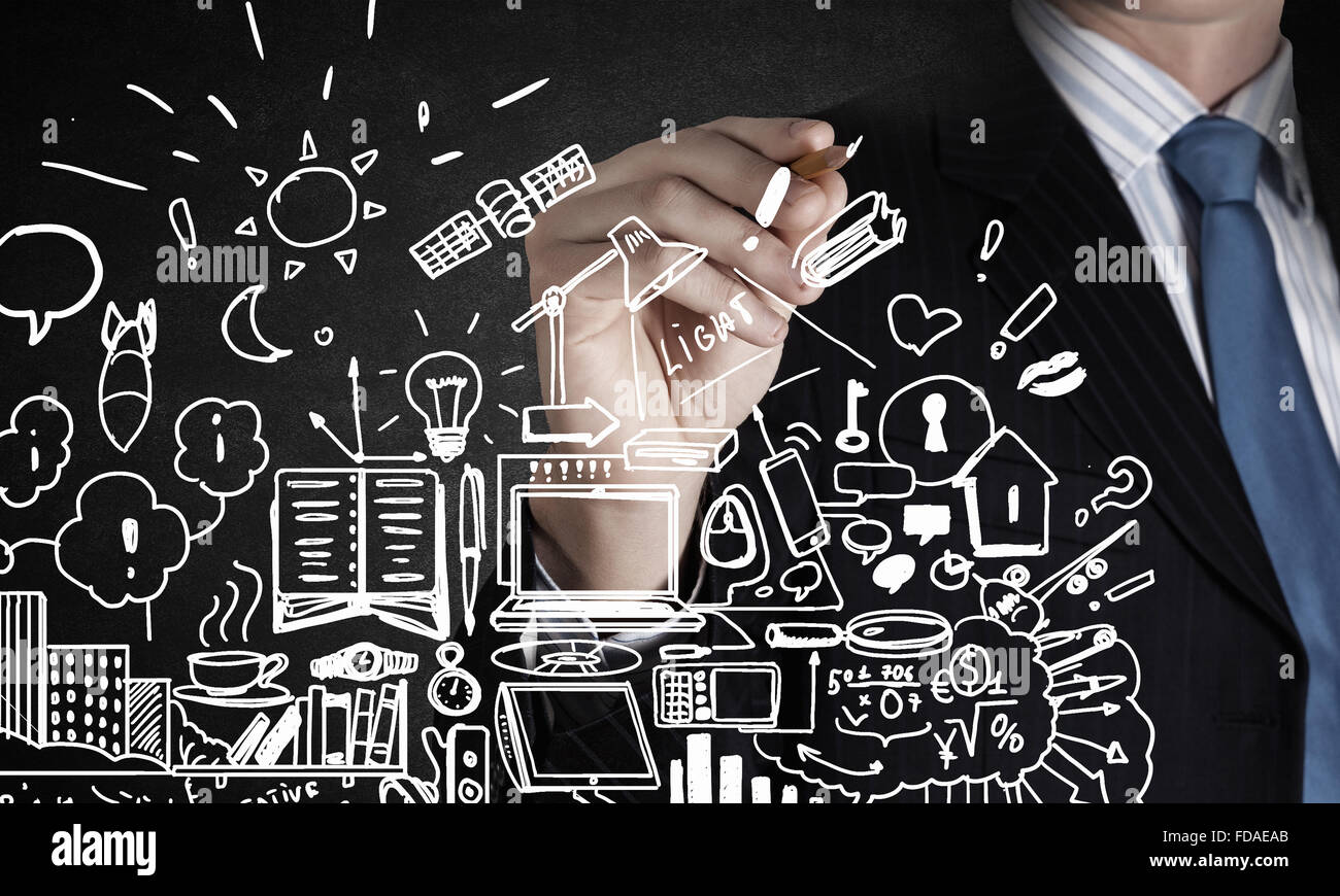 Close up of man hand drawing success strategy plan Stock Photo - Alamy