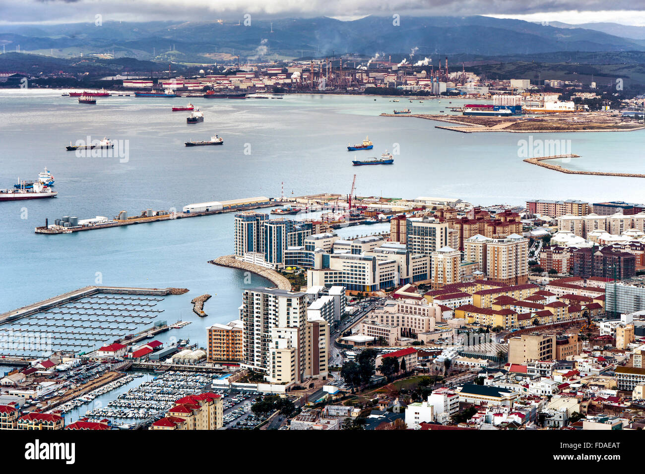 an aerial view of Gibraltar, its marina and the Mediterranean sea as ...