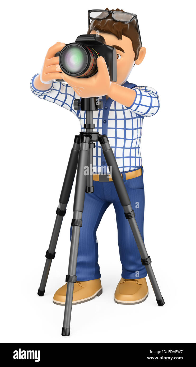 3d working people. Photographer with camera and tripod taking a picture ...