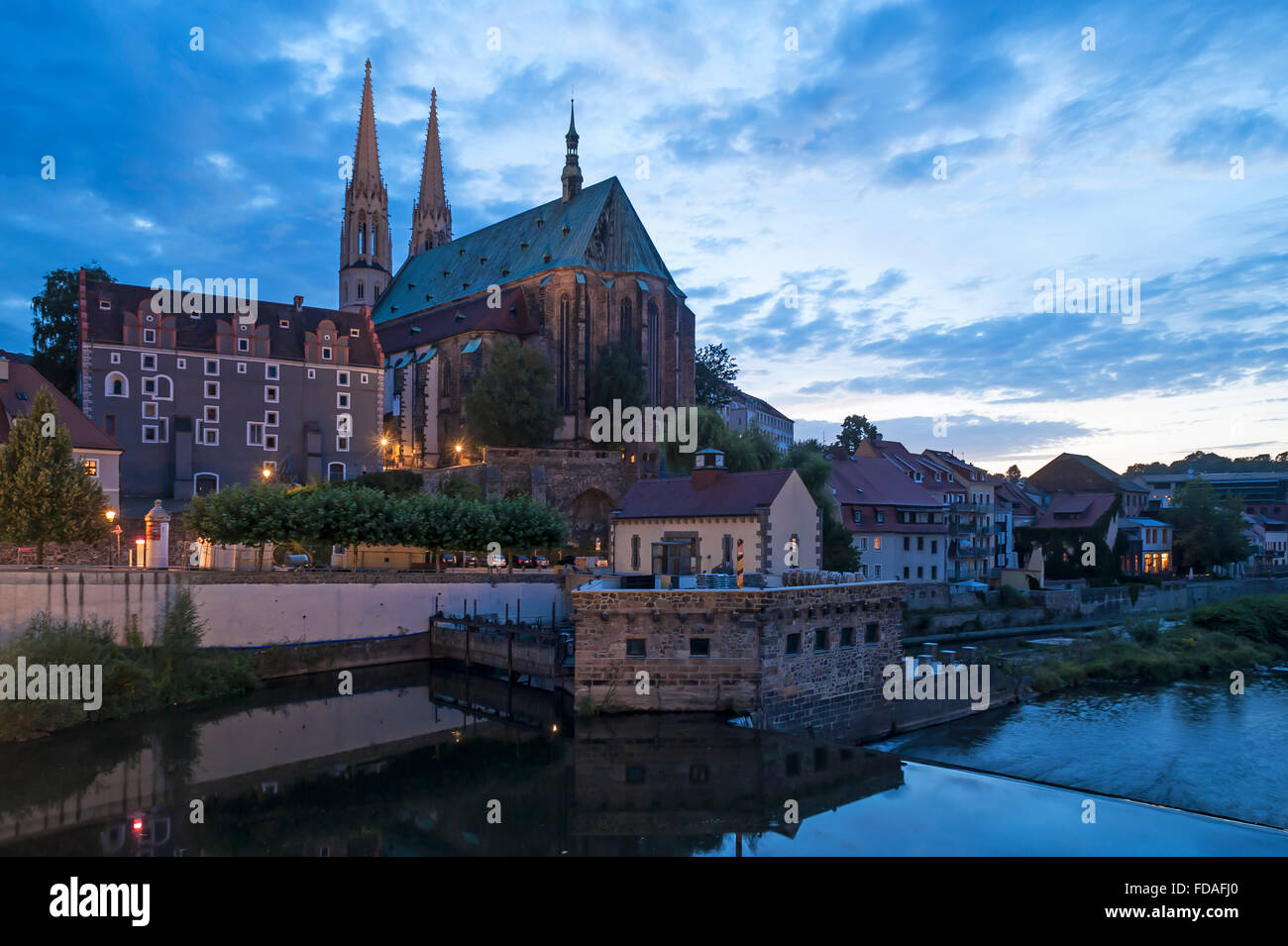 View from the Alstadtbrücke bridge to St. Peter's Church, river Neisse ...