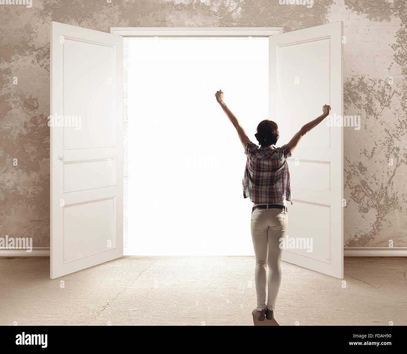 Woman leaving door rear view hi-res stock photography and images - Alamy