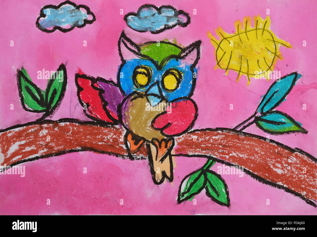 Child's painting - owl on the tree, using crayon and water color Stock ...