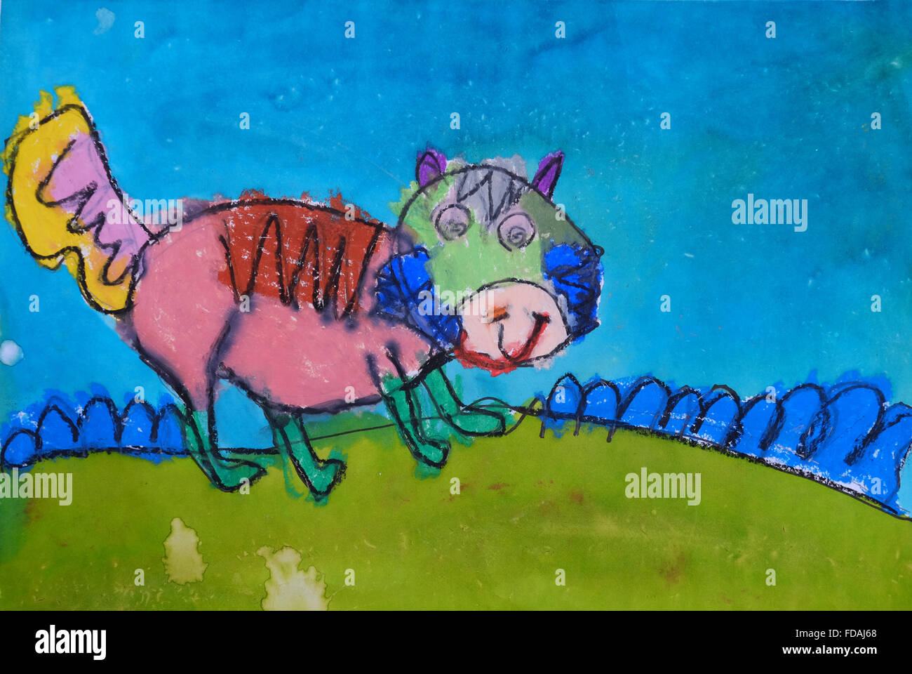 Child's painting - colorful dog, using crayon and water color Stock ...