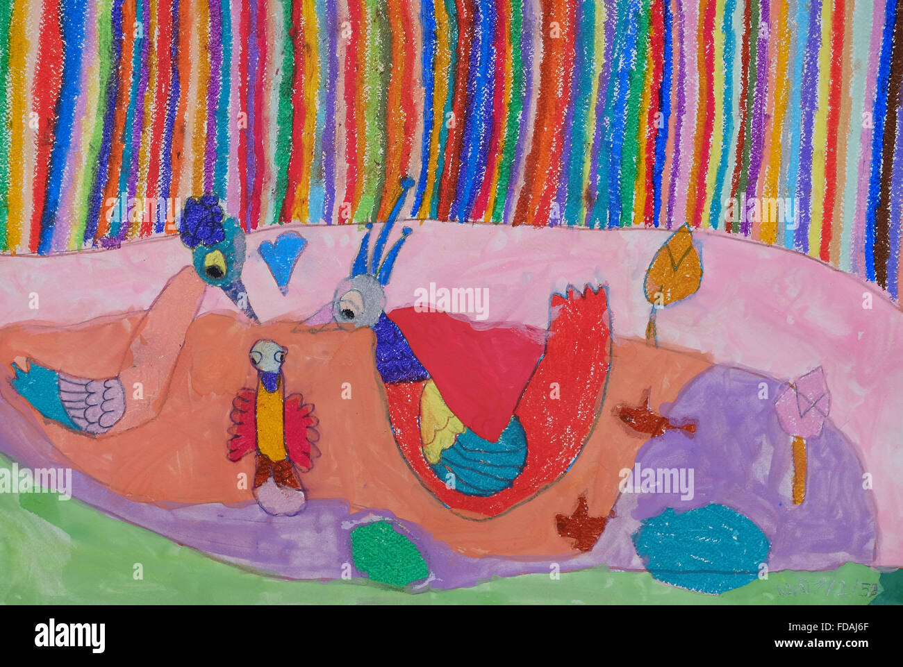 Child's painting - three birds, using crayon and water color Stock ...