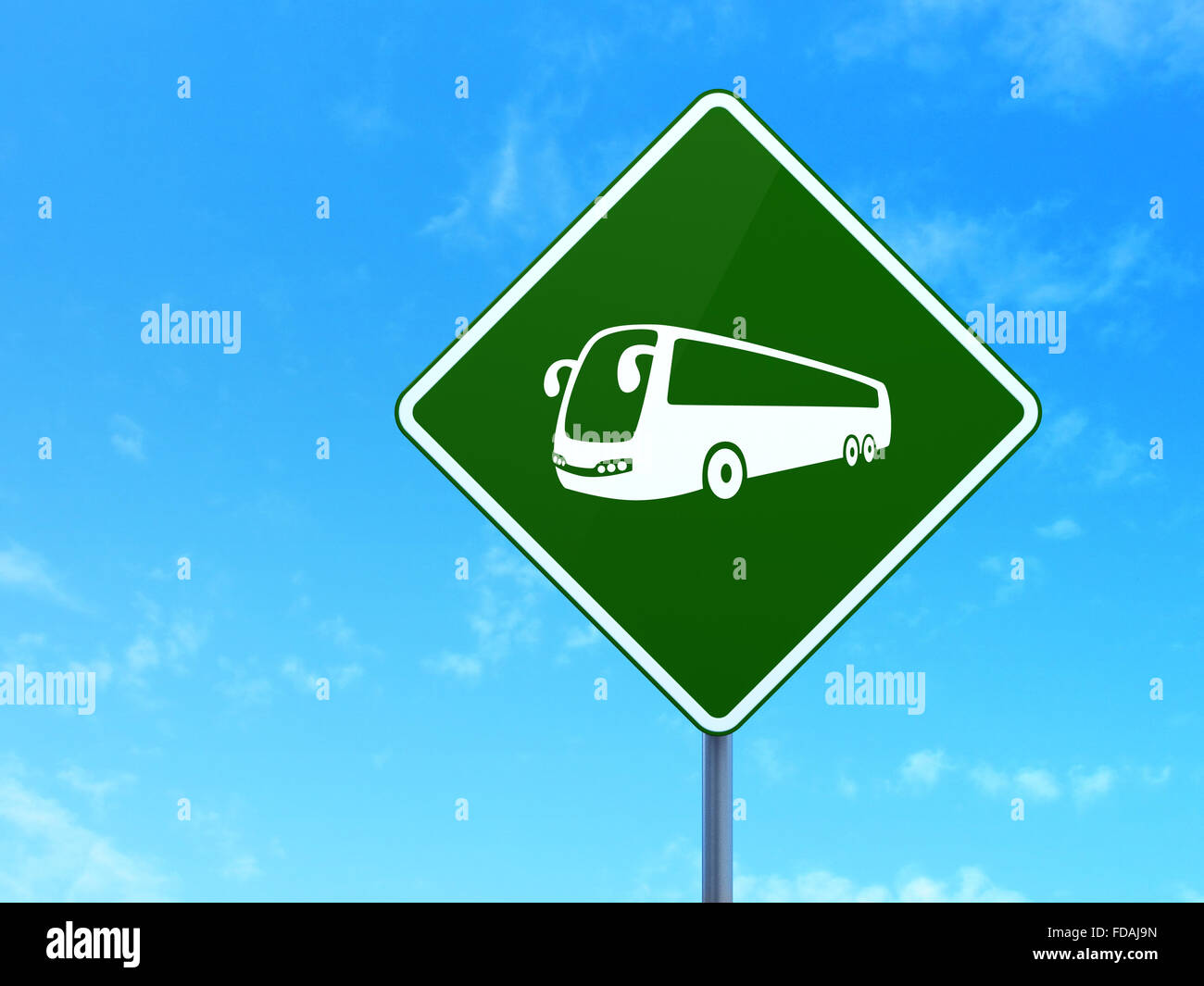 Vacation concept: Bus on road sign background Stock Photo - Alamy