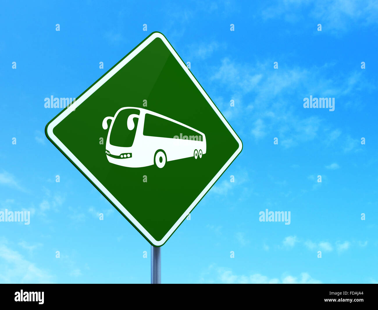 Vacation concept: Bus on road sign background Stock Photo - Alamy