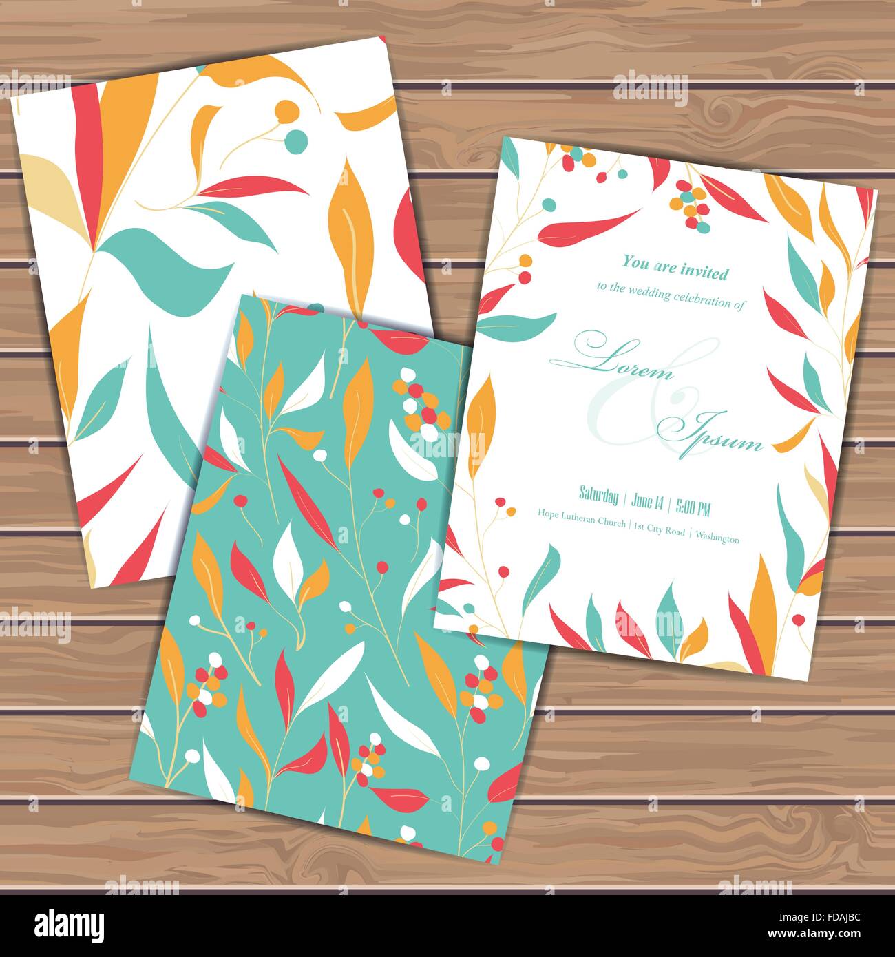 Greeting cards with floral elements on wood plank background. Place for ...