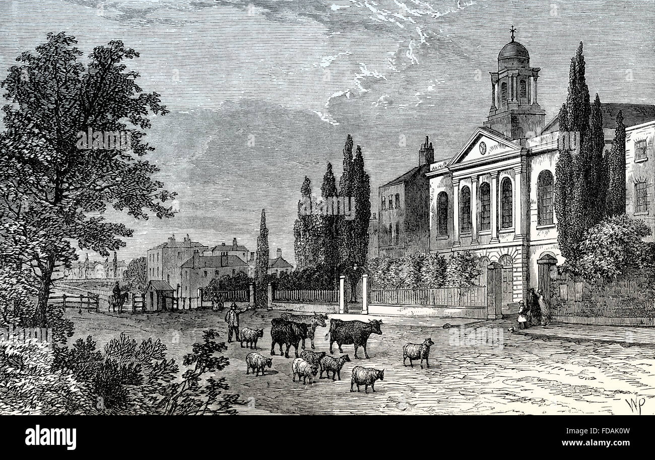 Turnpike in Hampstead Road in 1820, St. James Church,19th century ...