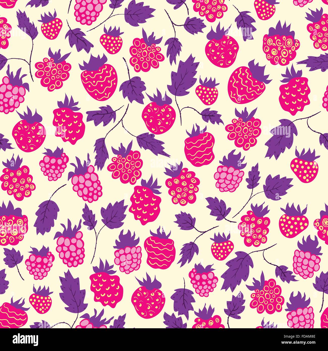 Seamless pattern with raspberries in cartoon style. Hand drawn design ...