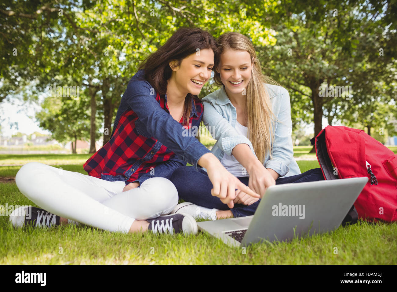 Smiling students using laptop Stock Photo - Alamy