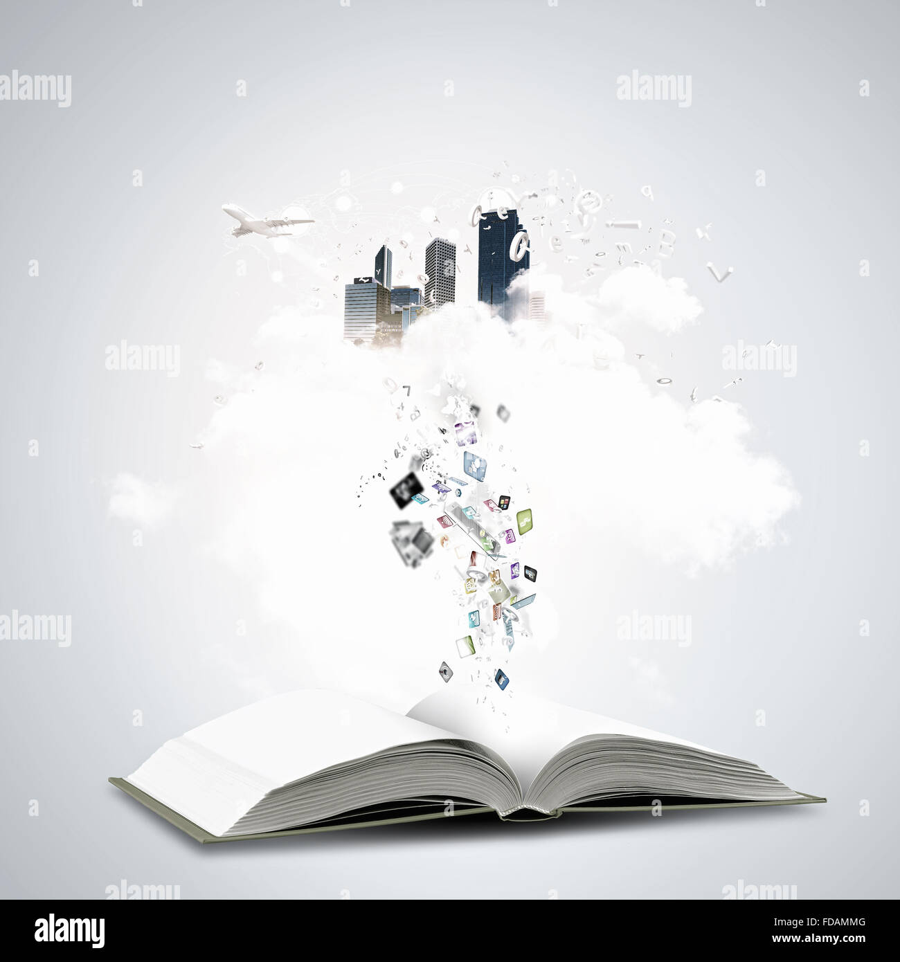 Opened book and icons flying out of pages Stock Photo - Alamy