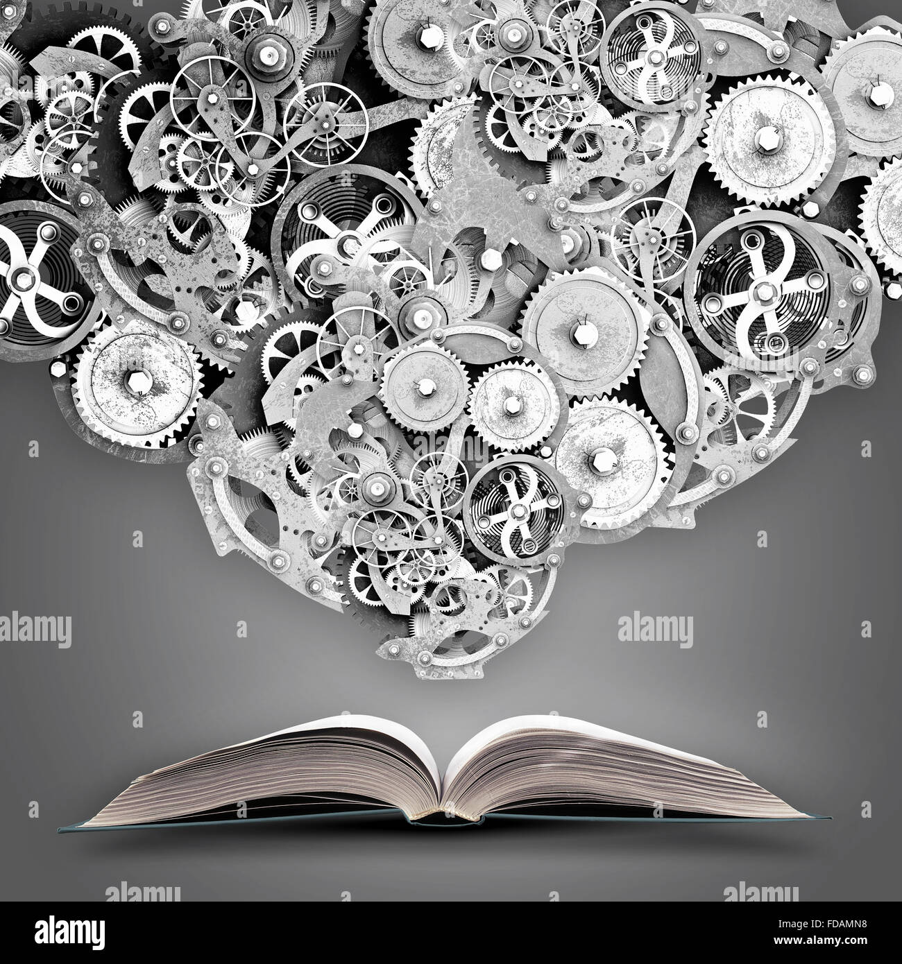 Opened book with gears mechanism flying out of pages Stock Photo - Alamy