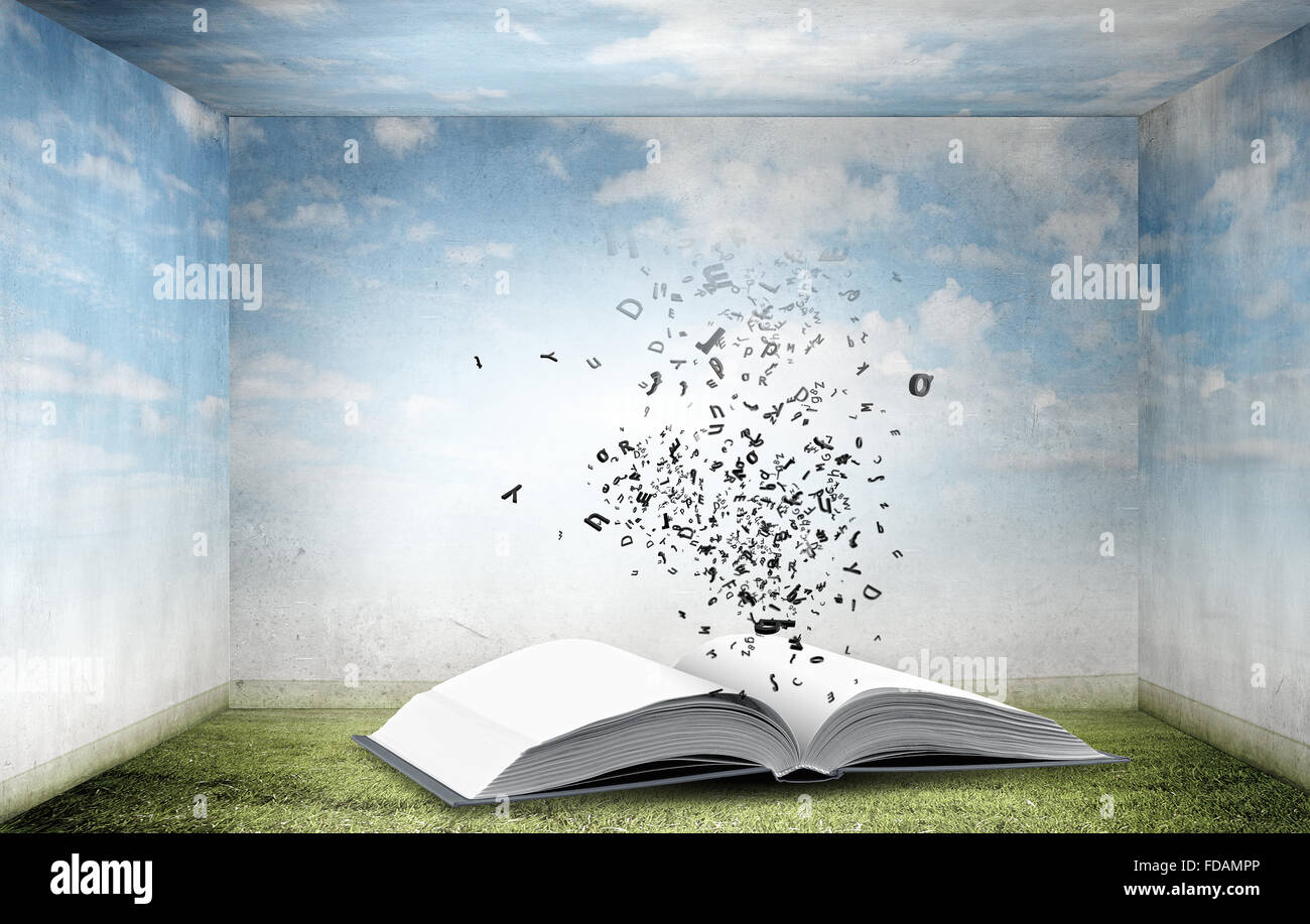 Opened book with characters flying of pages Stock Photo - Alamy