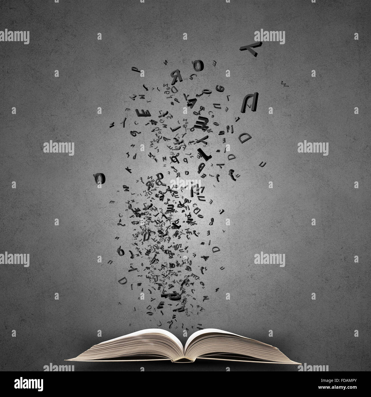Opened book with characters flying of pages Stock Photo - Alamy