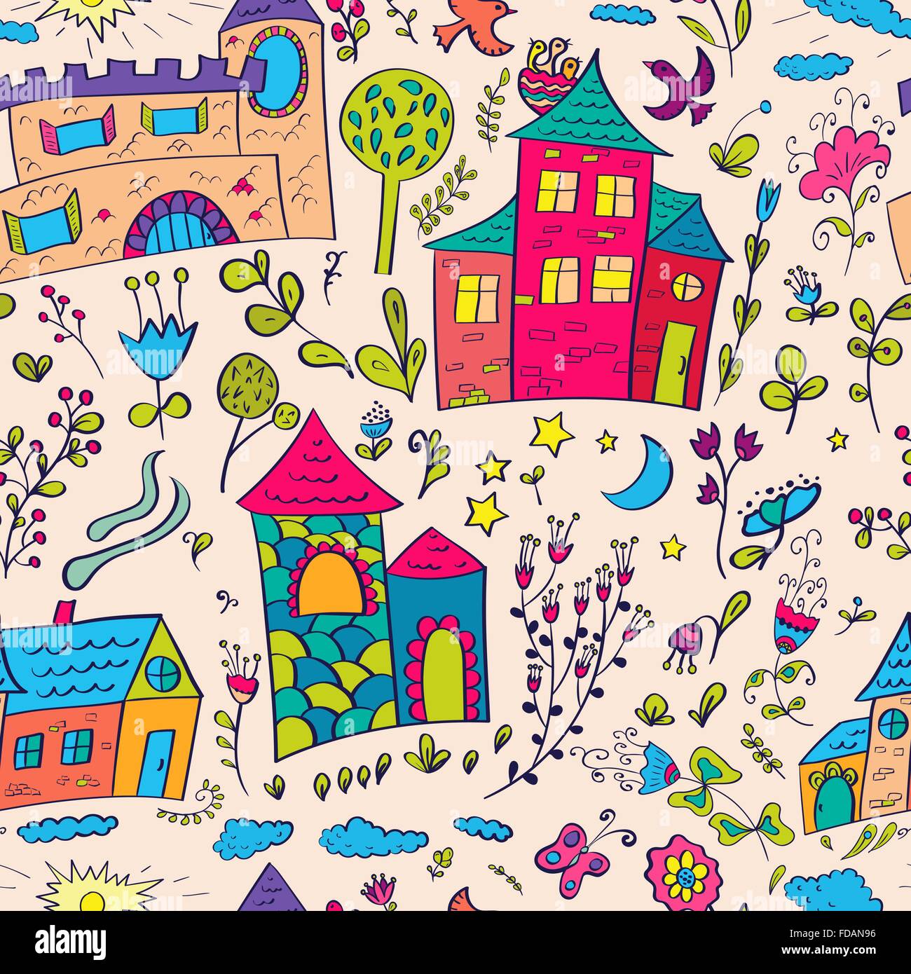 Seamless pattern with little castles and flowers. Hand drawn design for ...