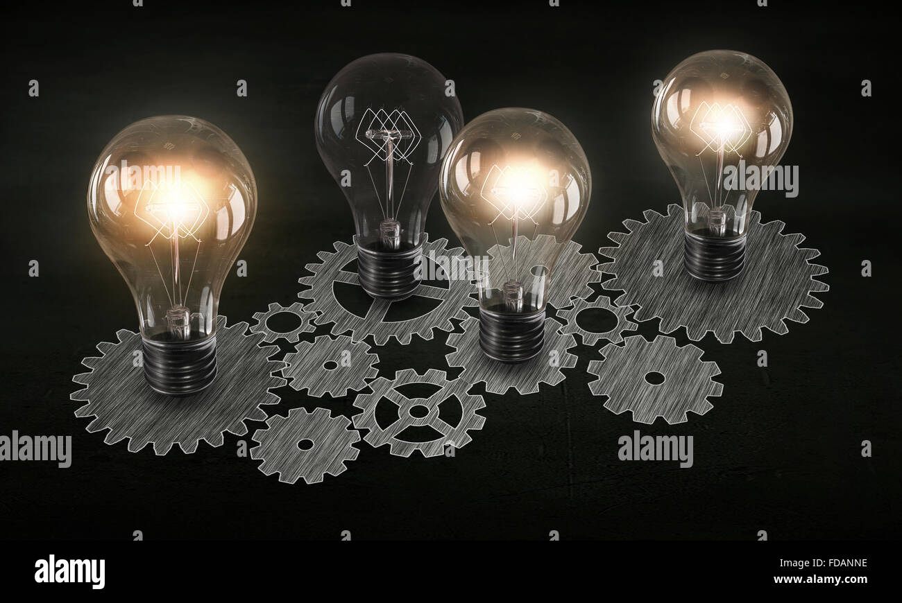 Glowing light bulbs and gears mechanism on dark background Stock Photo ...