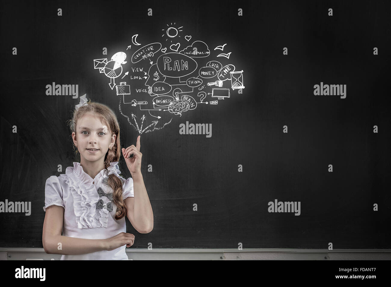School girl pointing at chalk sketches on blackboard Stock Photo - Alamy