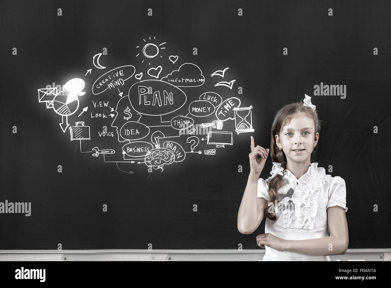 School girl pointing at chalk sketches on blackboard Stock Photo - Alamy
