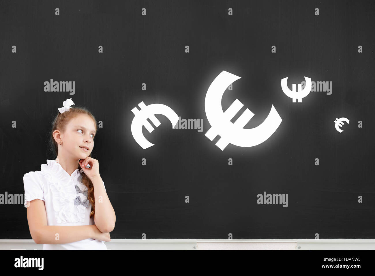Cute thoughtful school girl and euro sign above her head Stock Photo ...